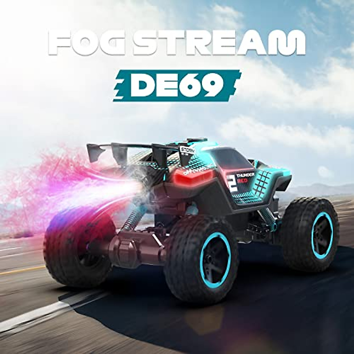 DEERC DE69 Remote Control Truck with Spray and Light, 5 LED Light Modes, Dual Motors Off Road RC Car, 4WD Rock Crawler, Spray Water Mist, 35+ Min Play, Toy Vehicle for Boys Girls and Adults