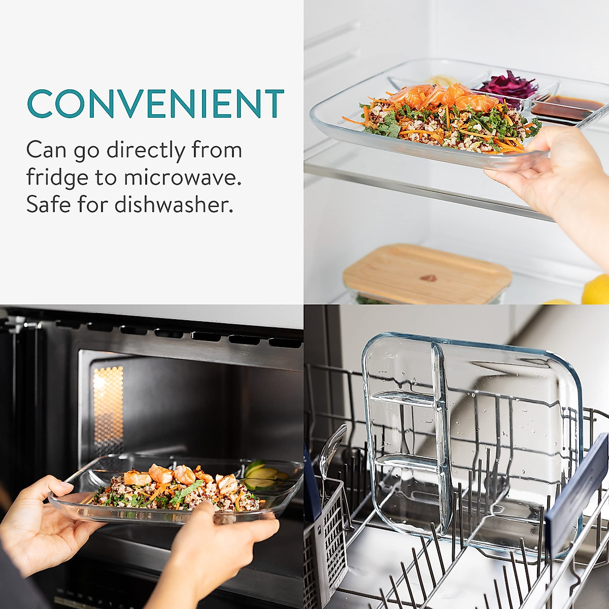 Navaris Glass Divided Plates (Set of 2) - 4 Section Divider Snack Plate for Adults, Serving, Portion Control - Square Clear Platter with Food Dividers