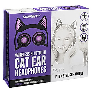 SoundBeast Bluetooth Cat Ear Headphones with Glowing Purple Lights - Wireless Headphones for Kids & Adults