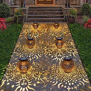 2Pack Solar Garden Lanterns Outdoor Hanging Lights Decorative Metal Moon Star Sun Solar Lanterns for Patio, Yard, Table, Pathway Decoration Waterproof (Bronze)