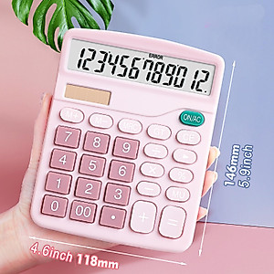 YOUHO Pink Office Desk Calculator, 12-bit Solar Battery Dual Power Standard Function Electronic Calculator with Large LCD Display (1PACK，Pink)