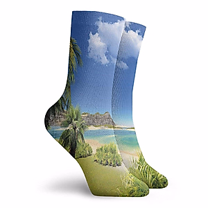 GULTMEE Funky Colorful Cushion Sport Socks,Paradise Beach With Palm Trees In Exotic Island Happiness Coastal Charm Image,Athletic Cushioned Running Performance Crew Socks For Men/Women, -12 inch