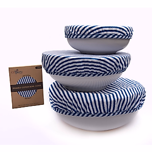 Organic Reusable Bowl Covers – Elastic Bowl Cover Set of 3 Lids Sizes - Blue Stripes 100% Cotton - Great Gift Fabric Food Covers - Kitchen Essential Gift for Women - Stretched Food Covers