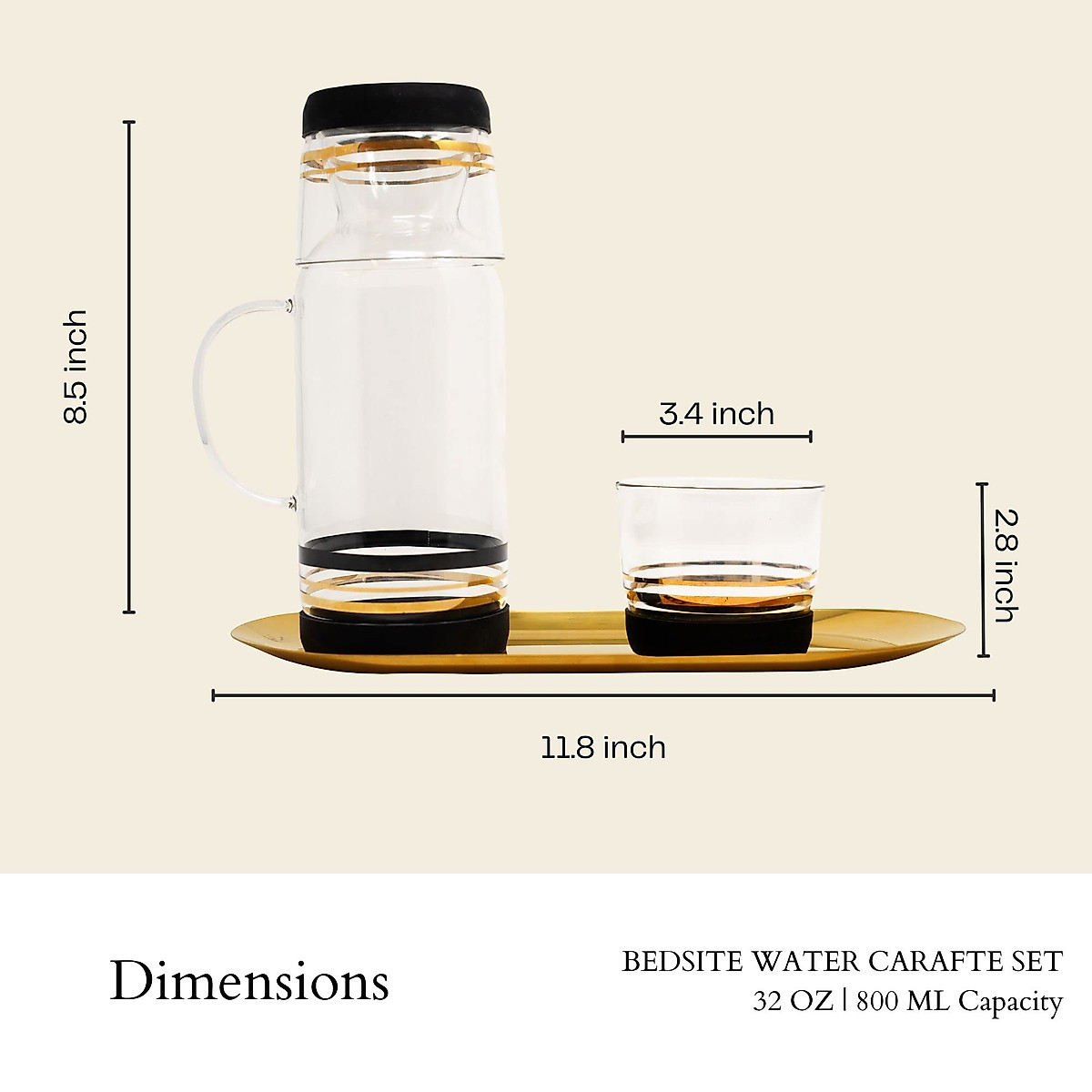 Agayah Water Carafe with Glass Cup for Nightstand and Gold Tray, Bedside Water Carafe and Glass Set. Water Carafe 32 OZ, glass cup 7 OZ (UK based)
