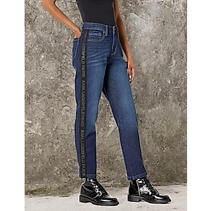 Karl Lagerfeld Paris Women's Straight Leg Logo Taping Mid Rise Jean, Indigo Wash, 16