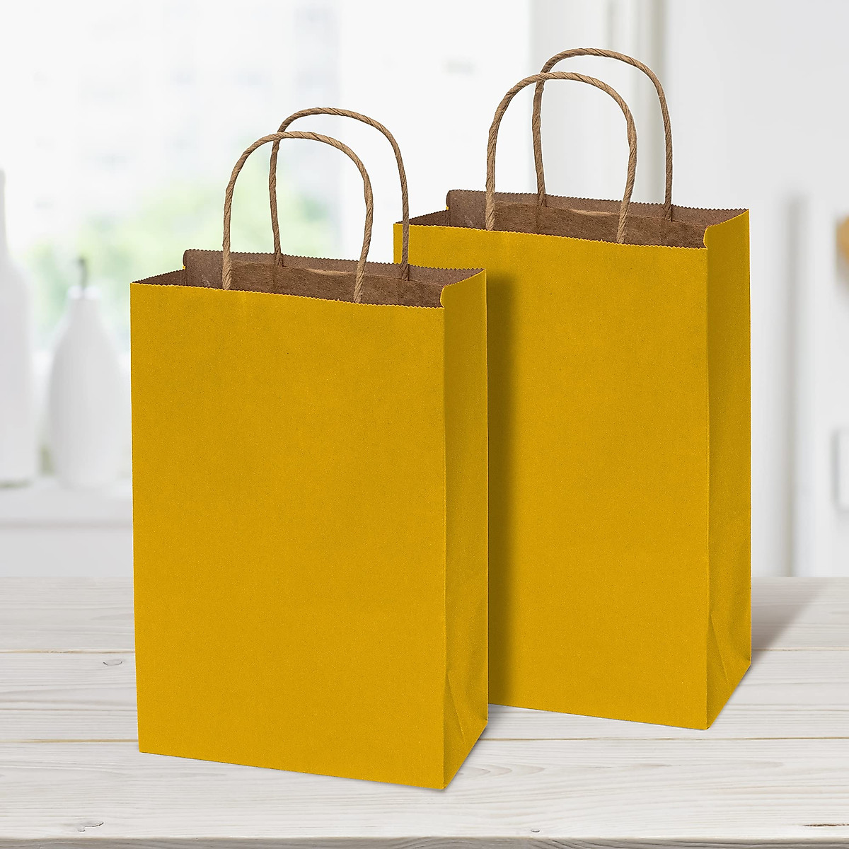 Yellow Gift Bags - 6x3x9 Inch 50 Pack Mustard Kraft Paper Shopping Bags with Handles, Small Craft Totes in Bulk for Boutiques, Small Business, Retail Stores, Birthday Parties, Jewelry, Merchandise, Bulk