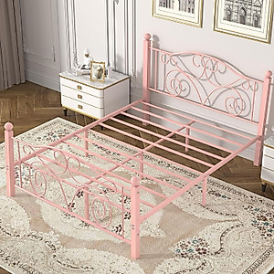 VECELO Twin Size Bed Frame with Headboard and Footboard, Heavy Duty Metal Slat Support, Platform Mattress Foundation, No Box Spring Needed, Easy Assembly, Light Pink