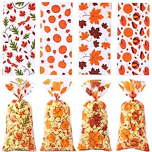 Totelux Fall Cellophane Goodie Bags Clear Plastic Gift Bags Pumpkin Maple Leaf Treat Bags with Ties for Cookies Candy Packaging Autumn Birthday Thanksgiving Party Favor Supplies 50PCS