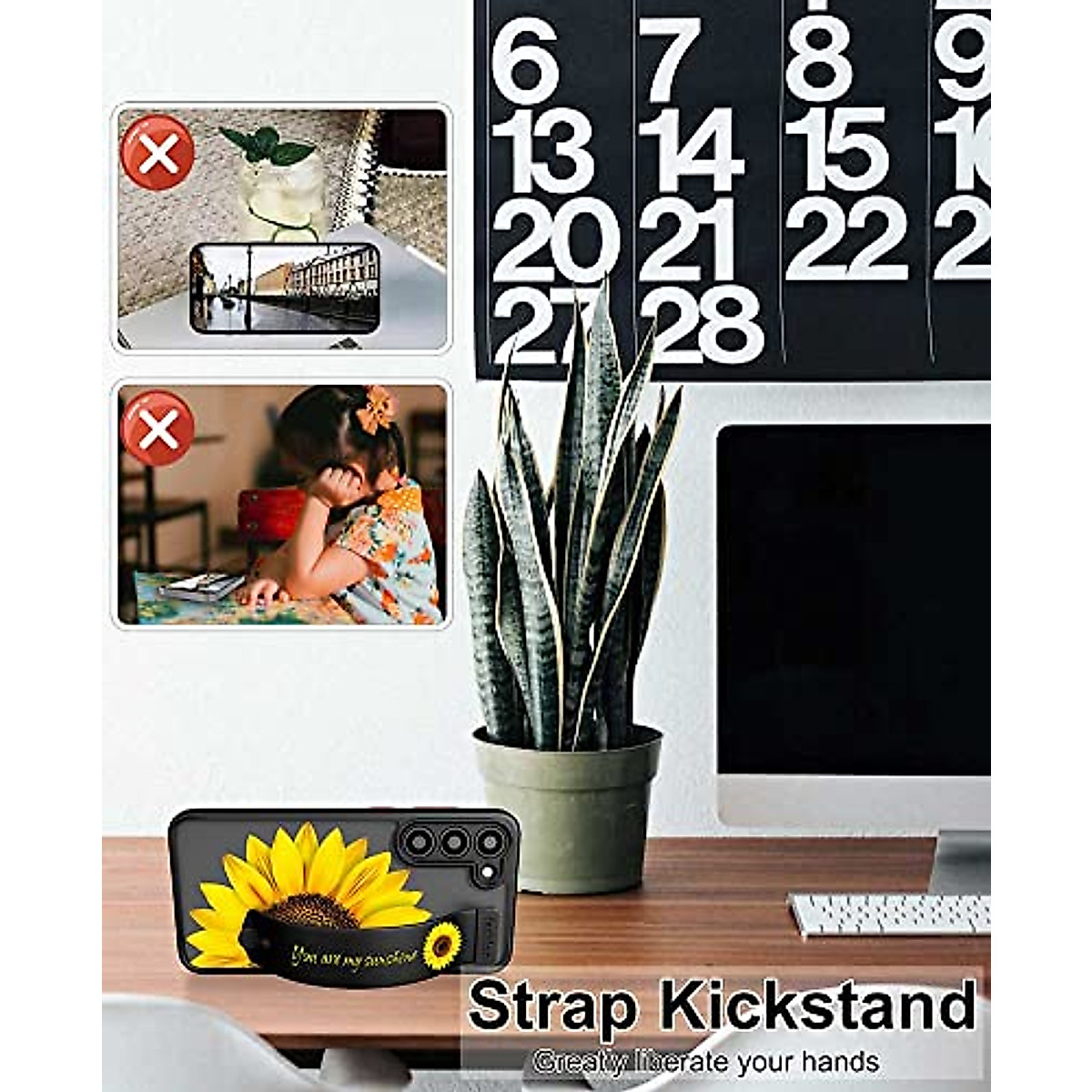 Cisland Samsung Galaxy A14 Case Sunflower Flower Floral Cute with Strap Stand Finger Kickstand, Cute Case for Women Girly Designer for Girls Aesthetic Silicone Compatible with Samsung Galaxy A14 5g