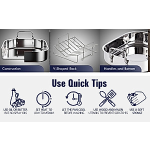 Cooks Standard Stainless Steel Roaster Pan with V-Shaped Rack, 16-Inch by 13-Inch Turkey Roasting Pan Bakeware for Oven, Rectangular