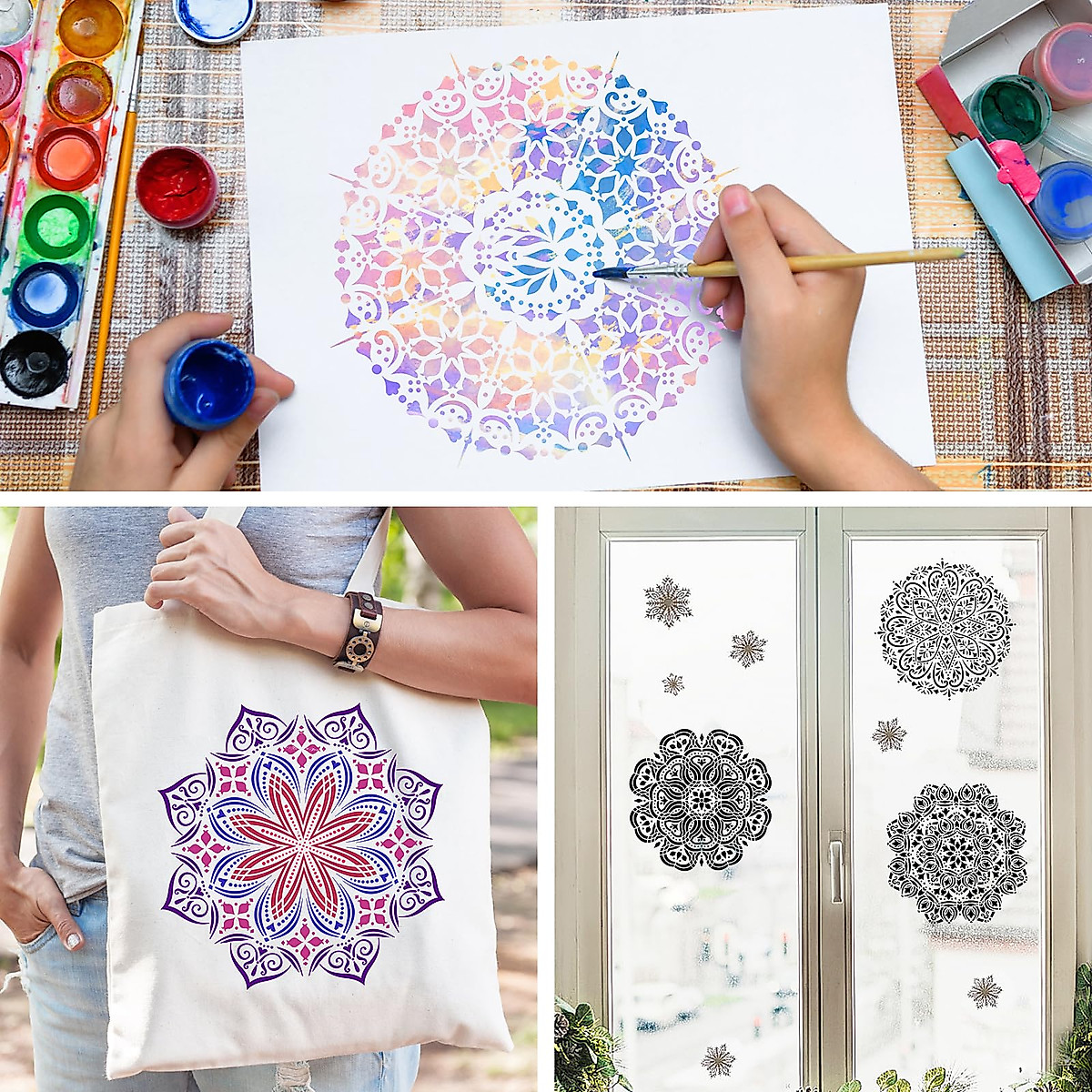 9 Pack 12x12 inches Mandala Stencils for Painting on Wood, Floor, Tile Fabric, Resuable Furniture Stencils Painting Template