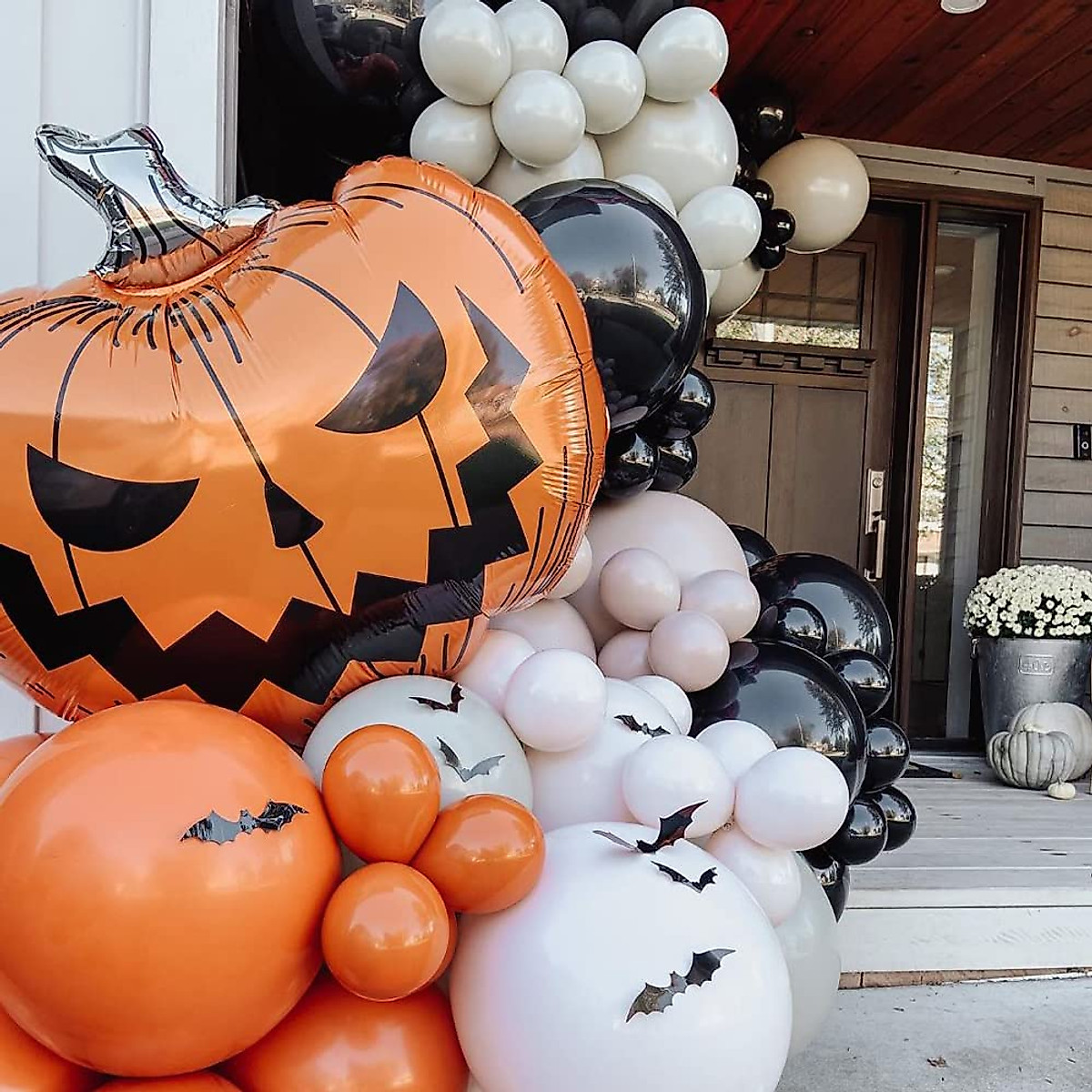 Halloween Balloon Arch Garland Kit 168pcs Large Pumpkin Orange Black White Sand Balloons 3D Bat Stickers for Halloween Party Decorations