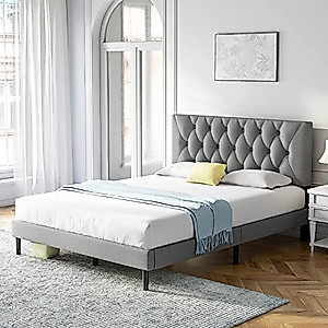 Molblly Twin Size Platform Bed Frame with Adjustable Headboard, Linen Fabric Wrap, Strong Frame and Wooden Slats Support, No Box Spring Needed, Non-Slip and Noise-Free, Easy Assembly, Light Grey