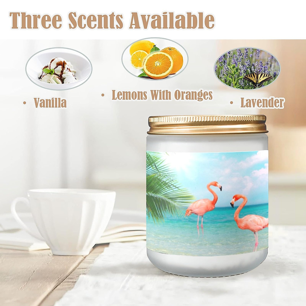 susiyo Frosted Glass Candle Cup Soy Wax Candles, Vanilla Scented Candle - Summer Flamingos Stand in Blue Sea
