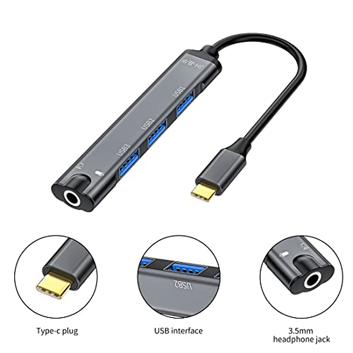 QIANRENON USB C Docking Station, USB 3.0 Hub with 3.5mm Audio Headphone + Microphone Jack Hub Digital & Audio Hub USB C 3.0 Multiport OTG Allocator for Computer Smart Phone
