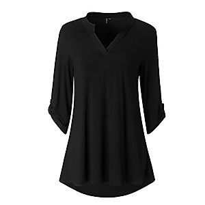 Zattcas Womens Floral Printed Tunic Shirts 3/4 Roll Sleeve Notch Neck Tunic Top,Solid Black,XX-Large