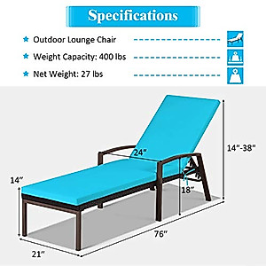 Tangkula 2 PCS Patio Rattan Chaise Lounge Chair, Outdoor Reclining Chaise with Cushion and Armrest, Wicker Sun Lounger with Adjustable Backrest for Garden, Balcony, Poolside (Turquoise)