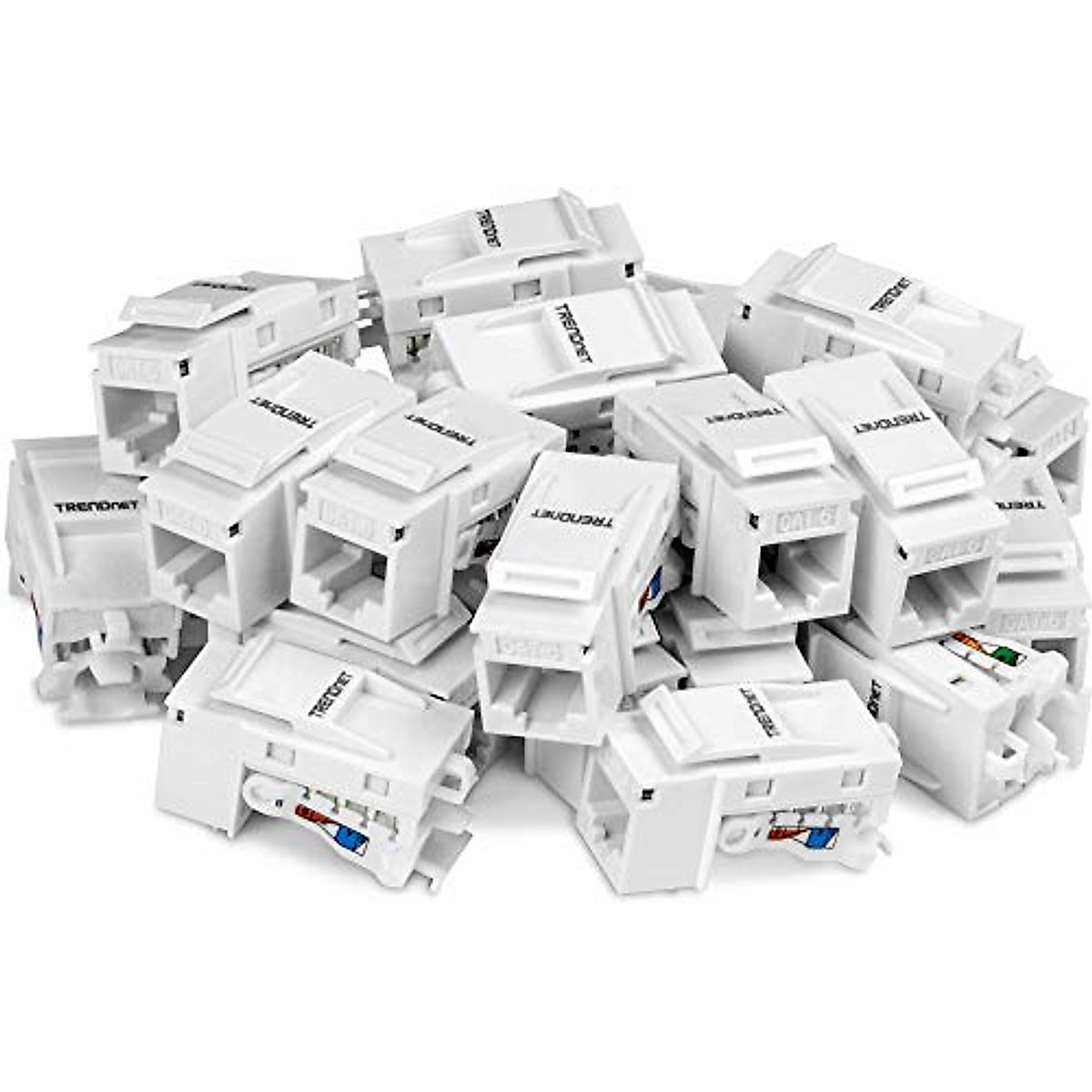 TRENDnet Cat6 Keystone Jack, 25-Pack Bundle, 90° Angle Termination, Compatible with Cat5, Cat5e, Cat6 Cabling, Color-Coded Labeling, Gold-Plated Contacts, Tool-Less Design, White, TC-K25C6