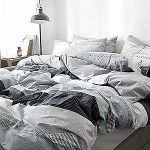 VClife Cotton Queen Duvet Cover White Grey Blue Stripe Bedding Sets Lightweight Modern Style Geometric Comforter Cover with Zipper Closure (1 Queen Size Duvet Cover and 2 Pillowcases) Breathable Soft