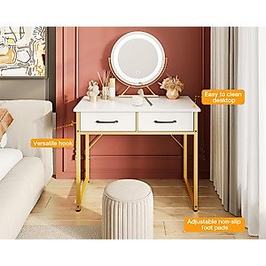 ODK Vanity Desk Without Mirror, Makeup Vanity with 2 Fabirc Drawers, White Vanity Dressing Vanity Table with Versatile Hook, 32 Inch Small Vanity for Bedroom, Desk Make Up for Girls, White and Gold