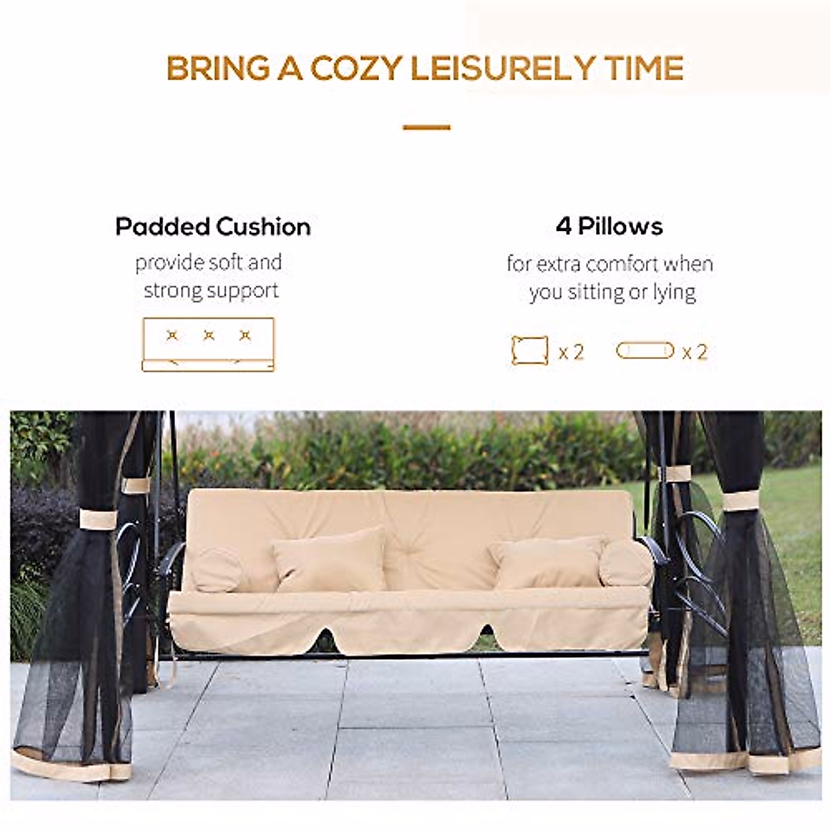 Outsunny 3-Seat Patio Swing Chair, Outdoor Gazebo Swing with Double Tier Canopy, Mesh Sidewalls, Cushioned Seat and Pillows, Beige