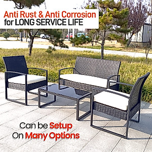 SereneLife Outdoor Living Rattan Furniture, Includes 1 Double & 2 Single Chairs with Cushion & 1 Glass-top Coffee Table 4 Piece Conversation/Chat Set, (Back), Off Black