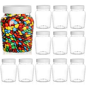 Goaste 12 Pack Round Clear Plastic Jars, 16 OZ Empty Storage Container, Household Refillable Candy Jar with Airtight Cap, Small Screw-On Lids Cylinder for Kitchen Food Storage, Nuts, Spices, Honey