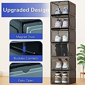 iBune 12 Pack Drop Front Shoe Storage Boxes, Clear Plastic Shoe Organizer for Closet, Easy Assembly, Stackable Foldable Shoe Containers for Display Sneakers Boots, Fit US Size up to 12, Black