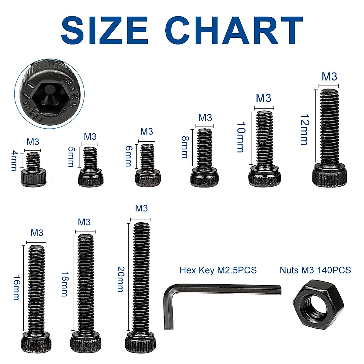NINDEJIN M3 Small Metric Screws with Nuts, M3 Small Hex Socket Head Cap Screw, Carbon Steel Screw Bolts and Nuts Assortment Kit with Wrench Key, Replacement Machine Fastener Screws and Bolts Nuts