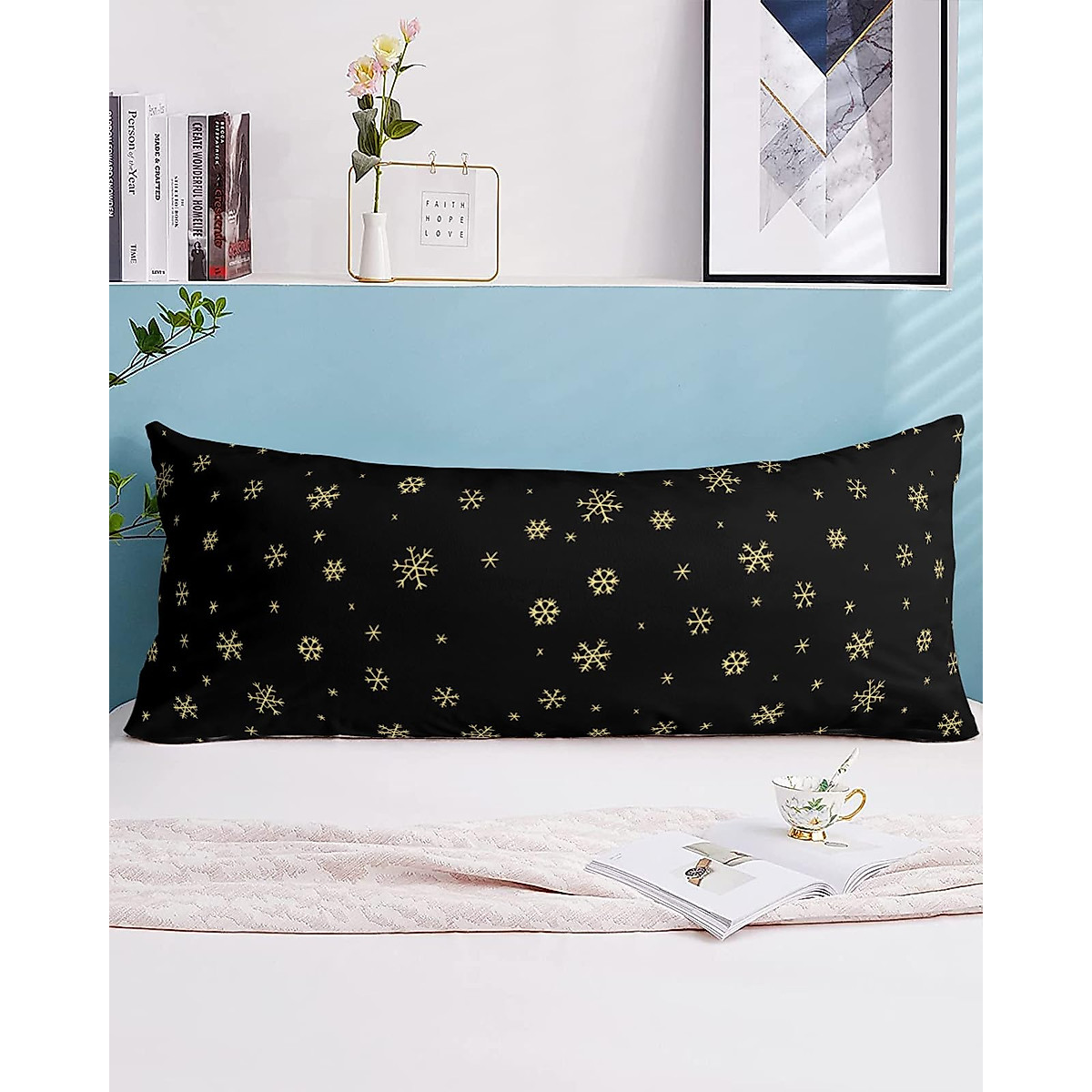 Edwiinsa Golden Snowflake Body Pillow Covers 20x54 Side Sleeper Pillow, Plush Soft Comfort for Hair/Skin Cooling Pillowcases with Envelop Closure Throw Covers Merry Christmas Winter Black