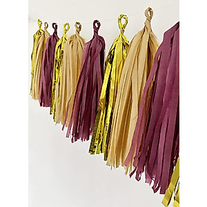 15PCS DIY Tissue Tassel Garland Kit Kraft Burgundy Gold Party Streamers Bunting Banner Backdrop for Wedding Party Bridal Shower Centerpieces Table Decorations