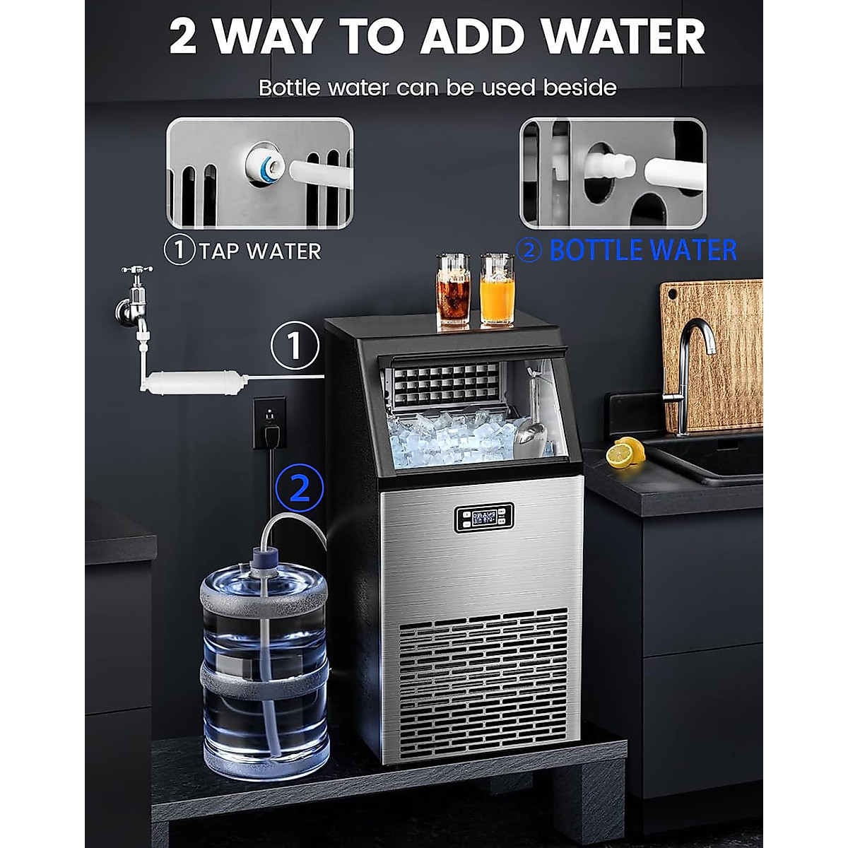 Kndko Commercial Ice Maker Machine, 100 lbs/24H, Stainless Steel Ice Maker with 2 Way Add Water, Under Counter Ice Machine, Freestanding Ice Maker, 24H Timer,Ice Machine for Home,Bar,Restaurant,RV