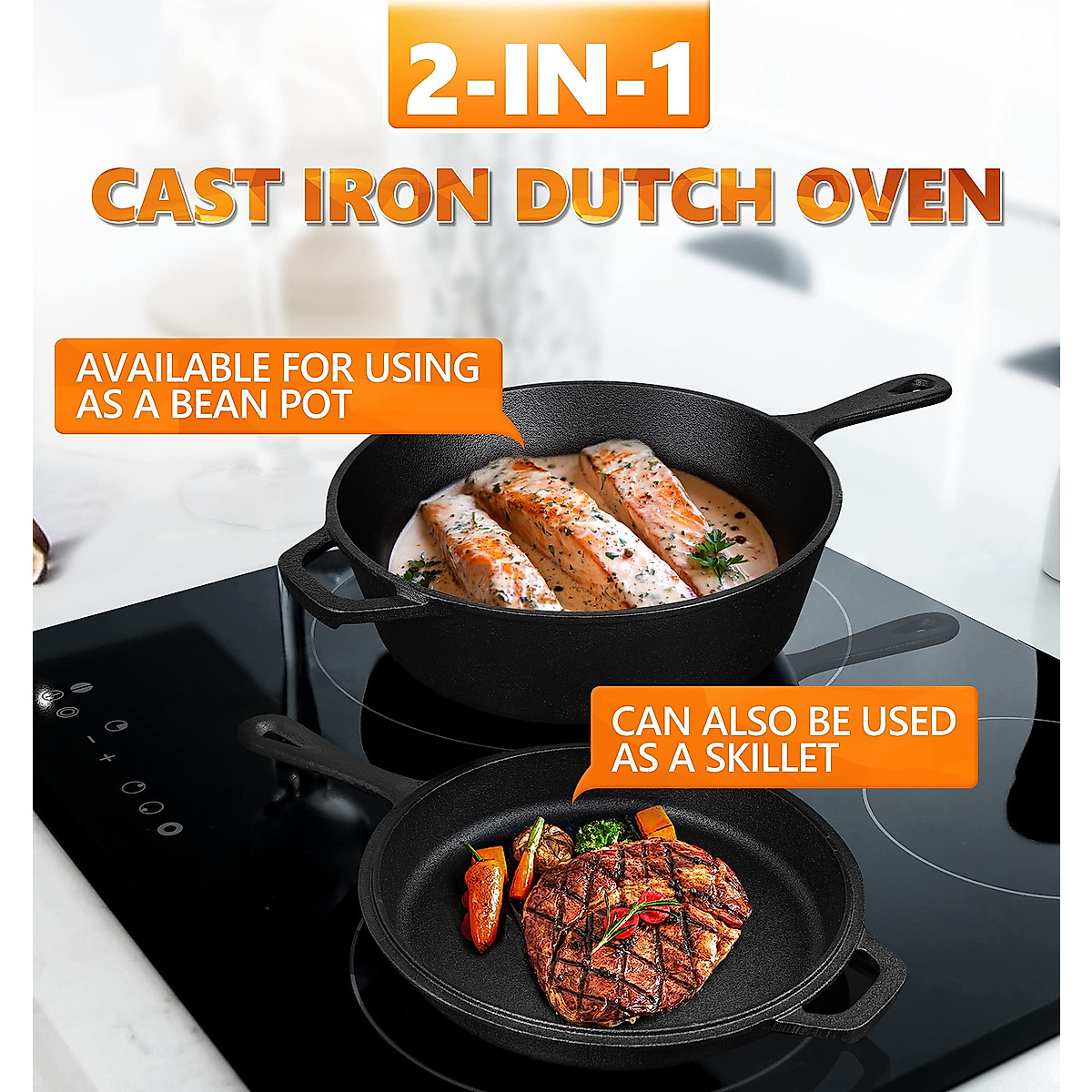 MICHELANGELO Cast Iron Skillet with Lid, 2-In-1 3 Qt Dutch Oven & 9.5" Skillet With Pre-seasoned Interior, Preseason Cast Iron Skillets with Lid, Cast Iron Skillets