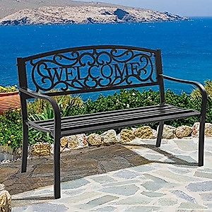 S AFSTAR Garden Bench, Metal Porch Bench for Park Garden Yard, Outdoor Patio Bench with Weather-Resistant Cast Iron Backrest and Welcome Pattern, Front Door Bench Park Bench for Outside (Black)