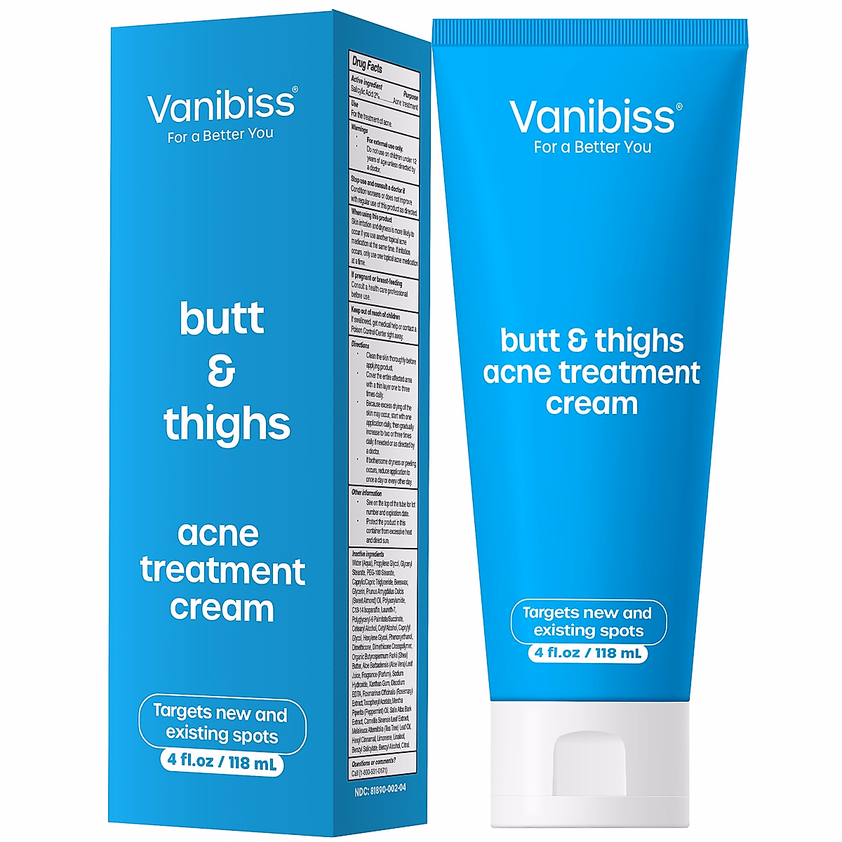 Vanibiss Butt & Thighs Acne Treatment Cream - Reduce Butt Acne, Pimples & Zits - Buttocks Acne Cream - Butt Acne Clearing Lotion - Butt Cream for Bum Acne - 2% Salicylic Acid for Acne Prone Skin (4oz)