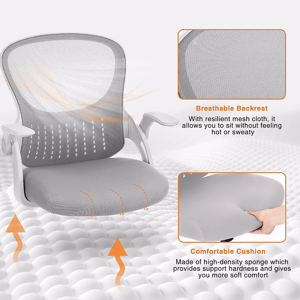 Office Chair Ergonomic Home Office Desk Chairs, Breathable Mesh Back Lumbar Support Computer Chair, Adjustable Height Swivel Task Chair with Flip-up Arms & Wheels, Grey
