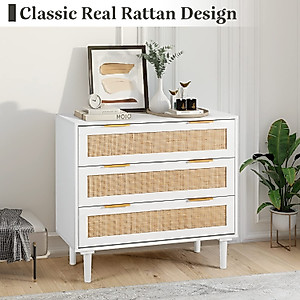 HOPUBUY 3 Drawer Dresser for Bedroom, Rattan Dresser Modern Closet Dressers Chest of Drawers, Wood White 3 Drawer Storage Chest for Kids Bedroom, Hallway, Living Room