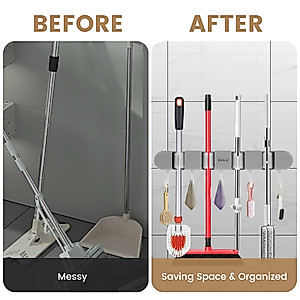 3PCS 4 Racks and 5 Hook Broom Mop Holder with Hooks Wall Mounted Broom Storage Rack No Drilling Self-Adhesive Mop Broom Organizer Mop Holder Hanger for Bathroom Office Kitchen Closet Garage,Gray