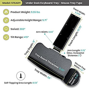 FERSGO Under Desk Keyboard Tray, 20" x 11" Tray, 17.75" Track, One Knob Control, Undermount Sliding Computer Keyboard and Mouse Tray with Wrist Rest, Swivels 360° with Adjustable Height and ±15° Tilt