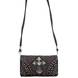 Justin West Clydesdale Tooled Leather Metal Stud Cross Conceal Carry Women Handbag Purse (Purple Wallet Only)