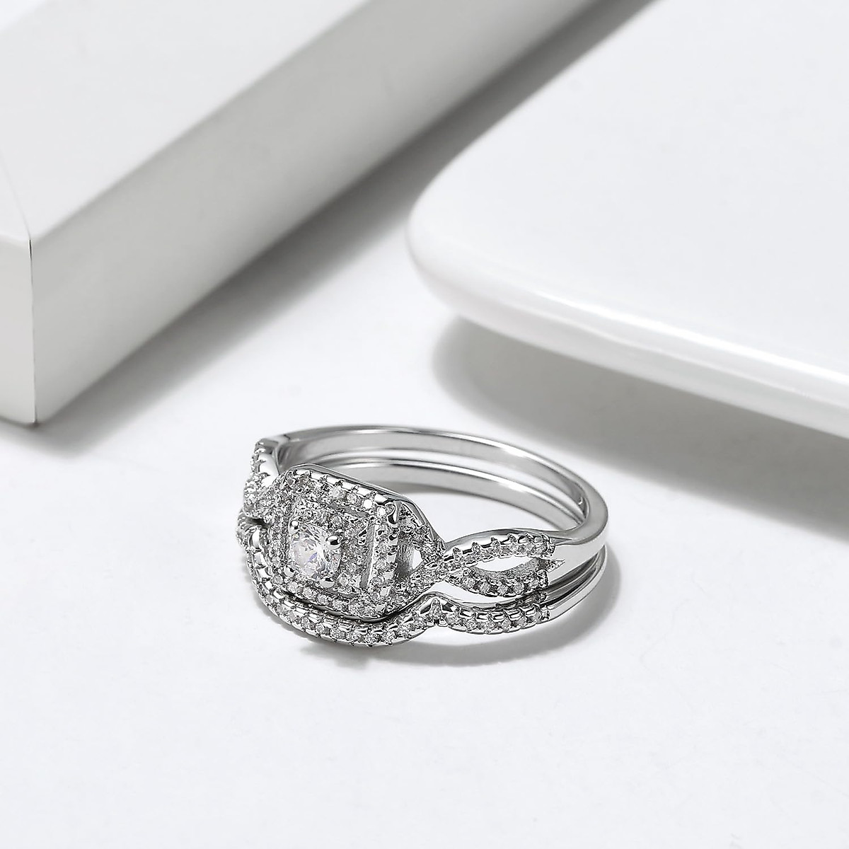 Square Halo CZ Engagement Rings for Women Set Plated White Gold Wedding Rings for Women by Ginger Lyne | Cubic Zirconia Bridal Rings Sets for Her | Half Eternity Wedding Band