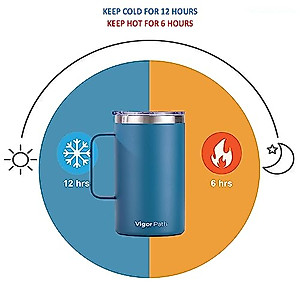 VIGOR PATH Insulated Coffee Mug with Handle and Sliding Lid - Double Wall Vacuum Stainless Steel Mug for Travel, Office, and Daily Use - 24oz (Dark Blue)