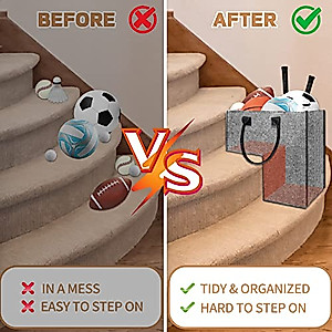 MODOWEY 2Pcs L-Shape Stair Basket Organizer, Foldable Fabric Staircase Storage Organizer with Faux Leather Handles, Large Stair Storage Organizer for Laundry, Toys, Household Items