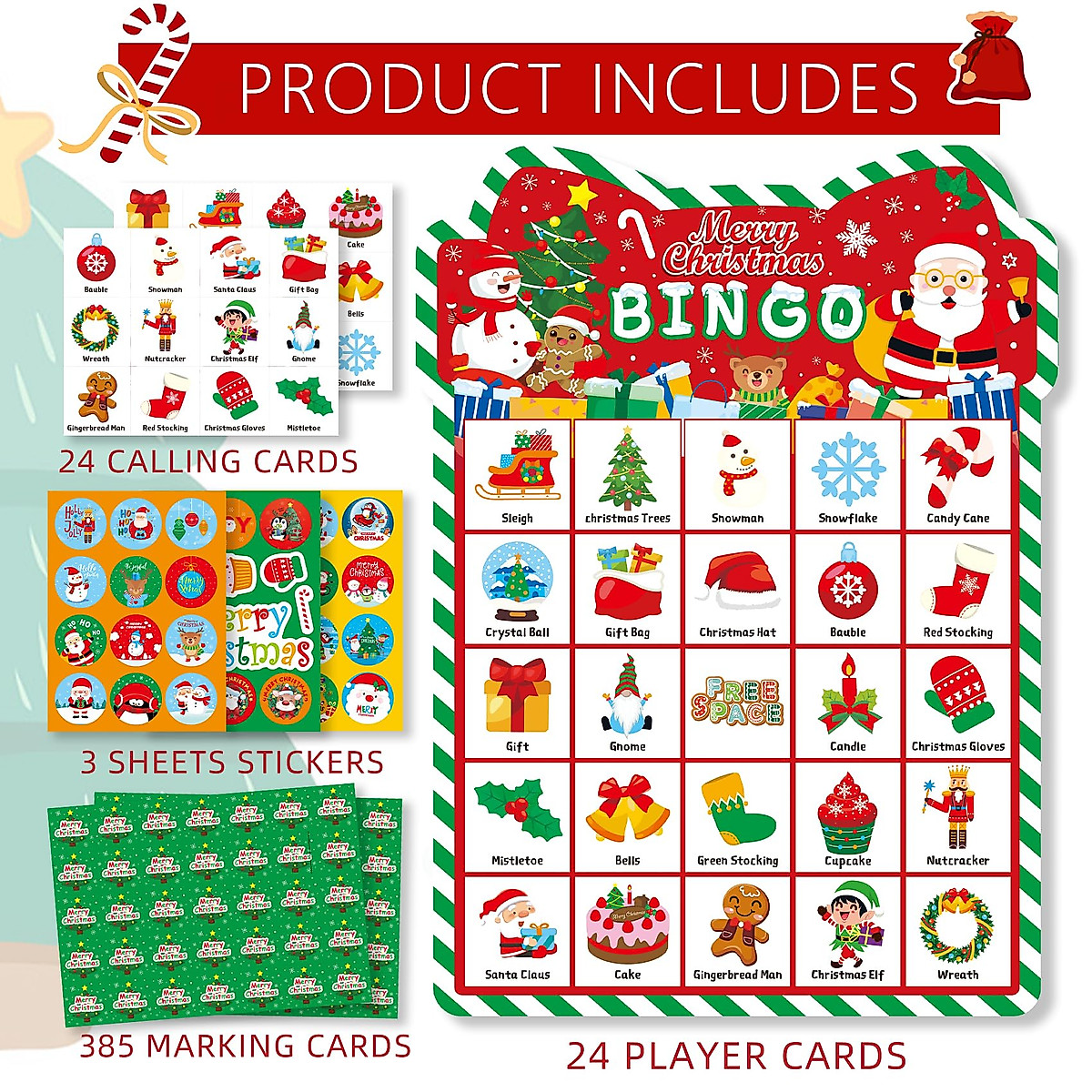 Funnlot Christmas Bingo Game for Kids, Christmas Games Christmas Crafts Christmas Activities with Reward Stickers for Kids Large Group Classroom Family Party Xmas