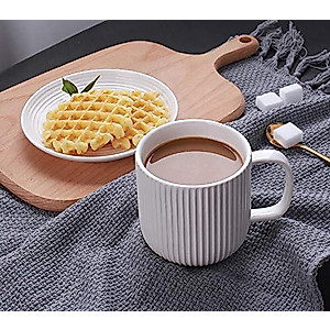 Porcelain White Mugs for Coffee, Tea, Cocoa, Set of 4, 12 oz, Lined Texture, Matte