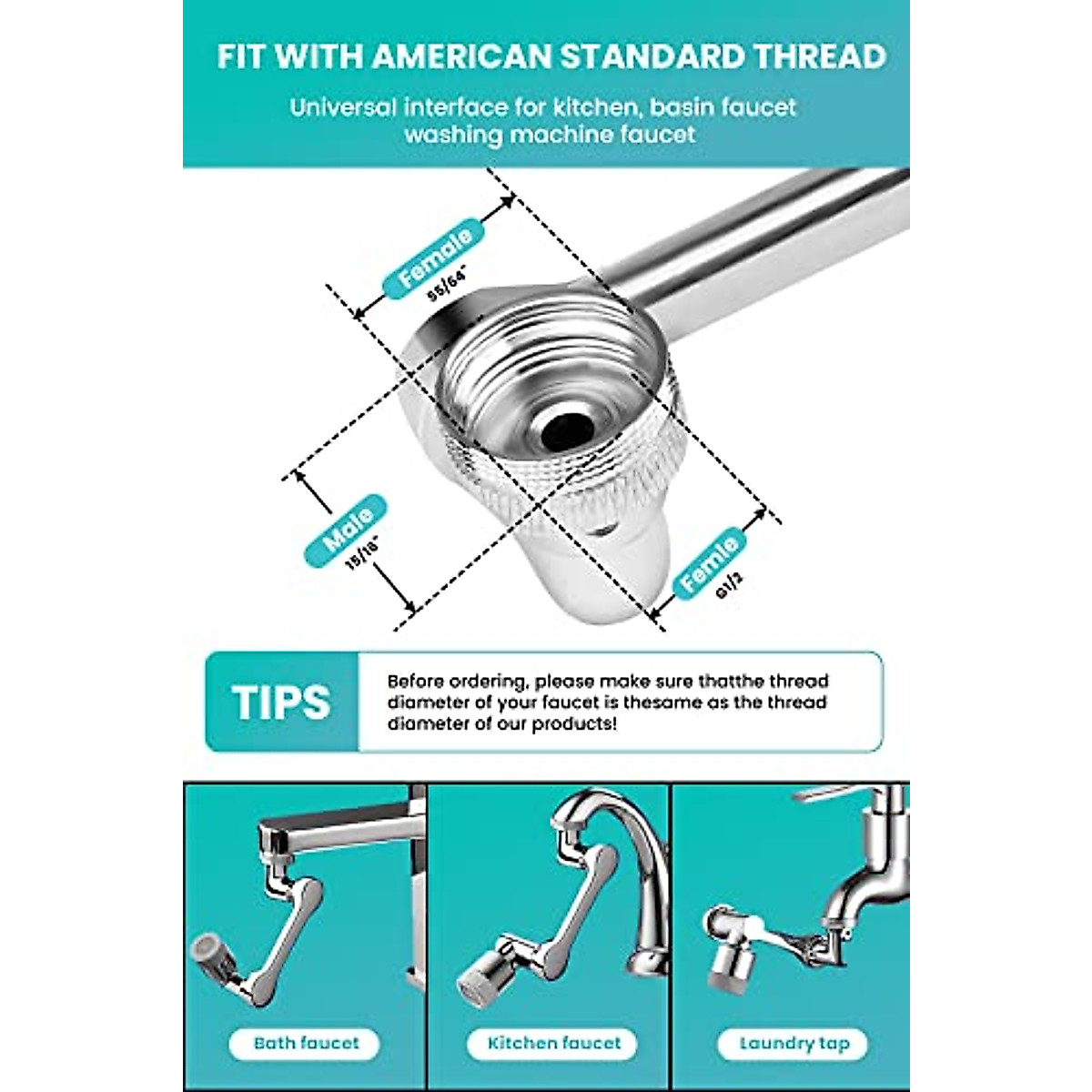 WIRELEL1080° Rotating Faucet Extender, Universal Splash Filter Faucet Aerator with 2 Water Flow Mode with Rubber Gaskets for Bathroom Kitchen Faucet