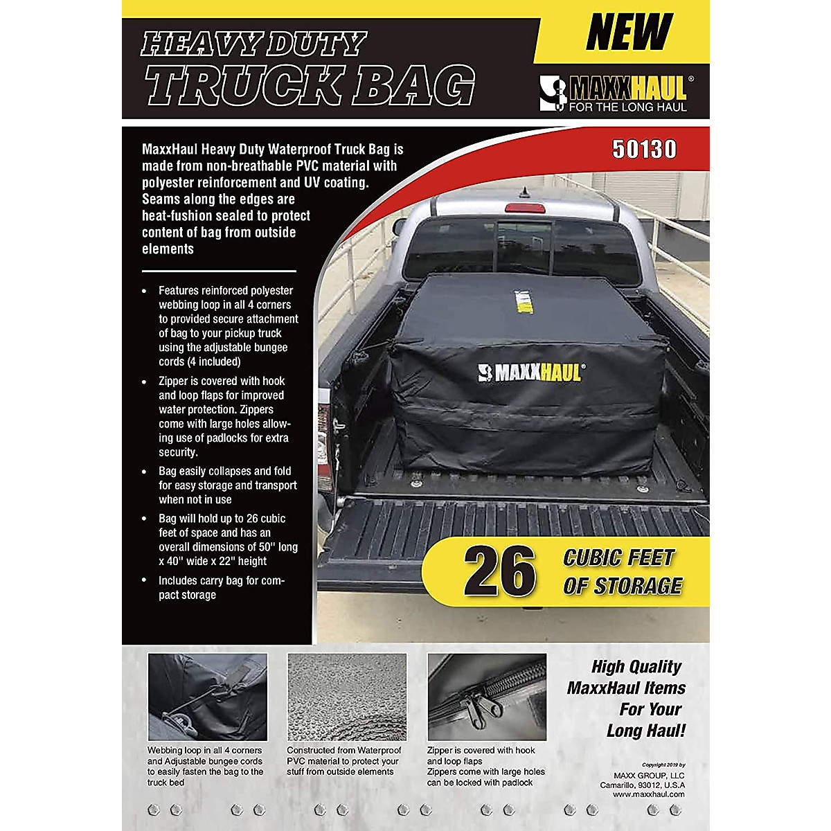 MaxxHaul 50130 Cargo Truck Bag - Heavy Duty and Water Resistant for Pick Up Truck or SUV's - 50" x 40" x 22" Black