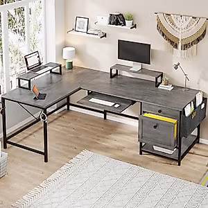 SEDETA 69" L Shaped Desk with Drawers, Convertible Corner Desk to Long Office Desk, Computer Desk with File Drawers for Home Office, Gaming Desk with LED Lights, Grey