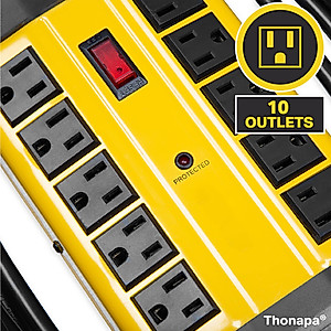 Thonapa Heavy Duty Surge Protector Power Strip, 10 Outlet 14/3 SJT Industrial Black & Yellow Metal Surge Suppressor with 15 Foot Long Extension Cord | American Owned Business