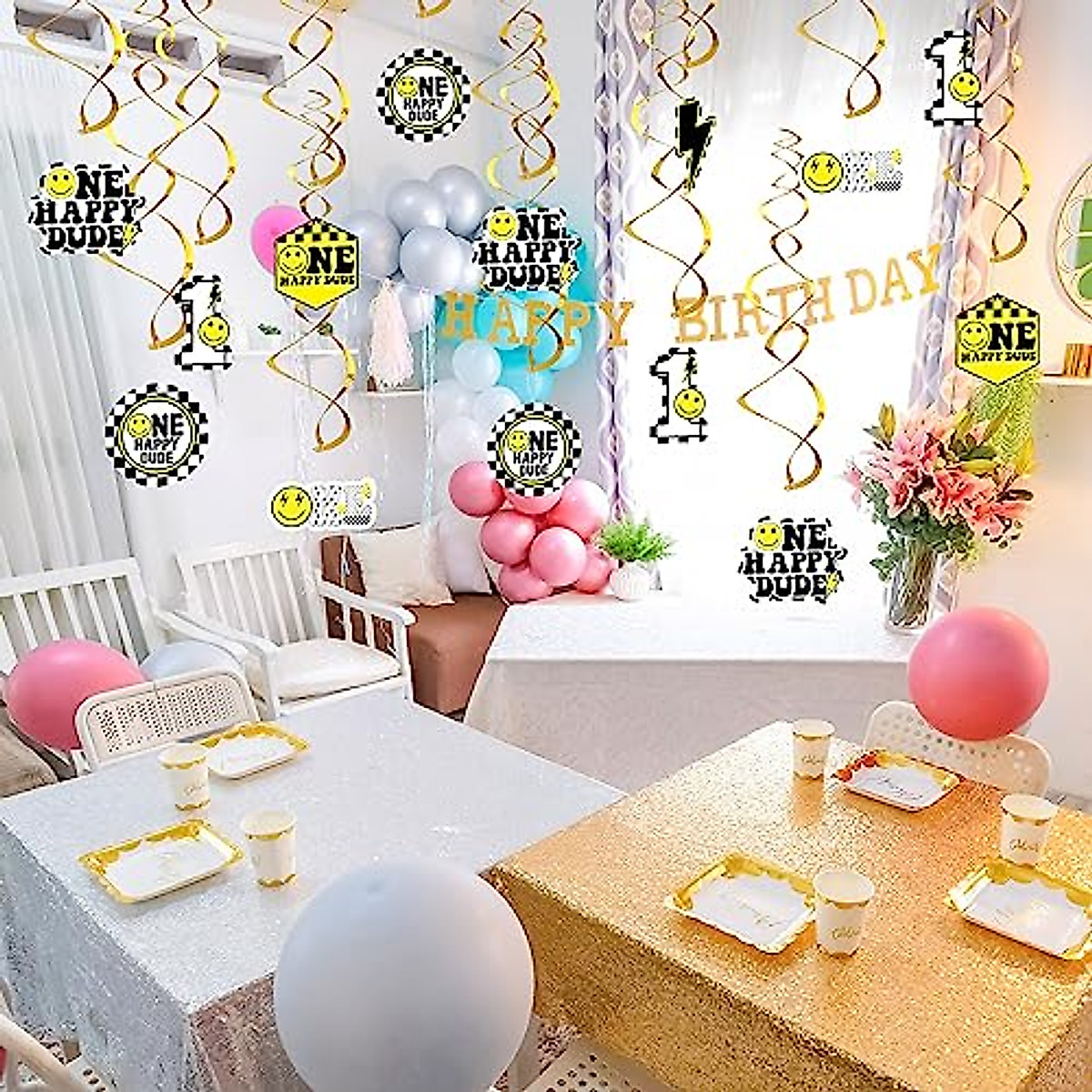 Tenceur 30 Pack One Happy Dude Hanging Swirl 1st Birthday Party Decorations Smile Face Hanging Swirl Decor Foil Ceiling Streamers Groovy One Happy Dude Birthday Party Supplies for Boys Girls